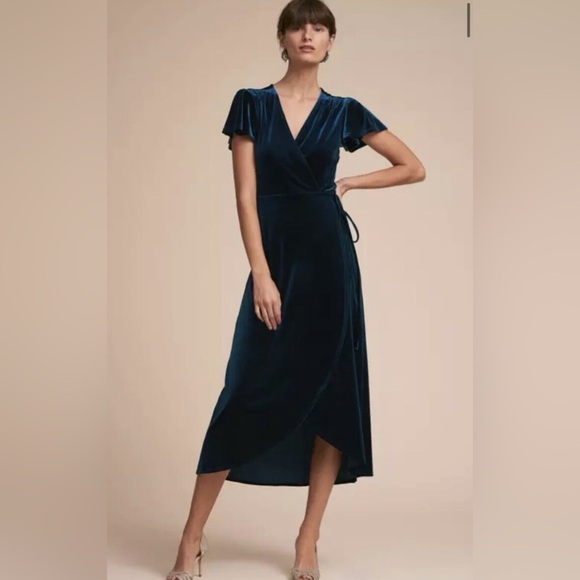 BHLDN | Dresses | Bhldn Thrive Velvet Wrap Midi Dress In Teal Blue ...